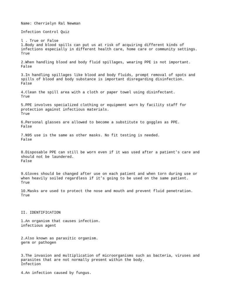 Infection Control Essentials Quiz | PDF