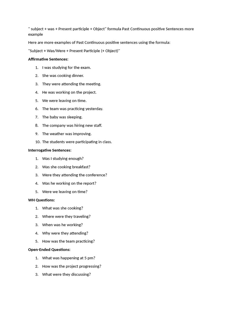 Past Continuous positive Sentences | PDF | Question | Verb