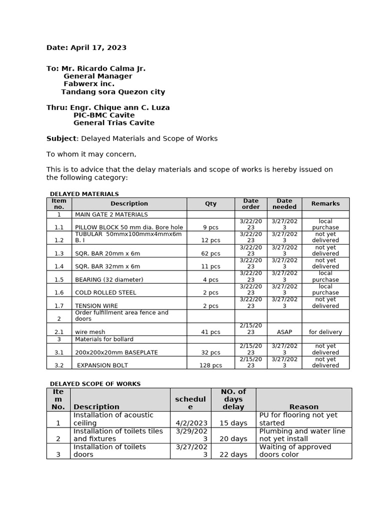Letter For Delayed Materials | PDF | Building Engineering | Building ...