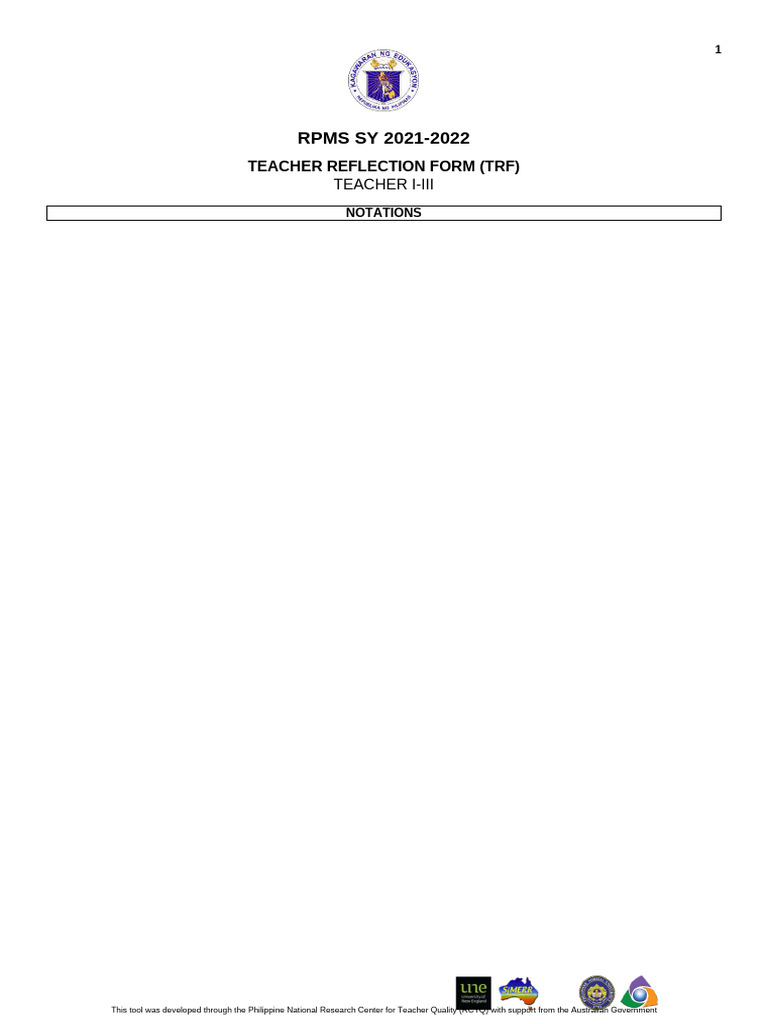 [Appendix 4A] Teacher Reflection Form for T I-III for RPMS SY 2021-2022 ...