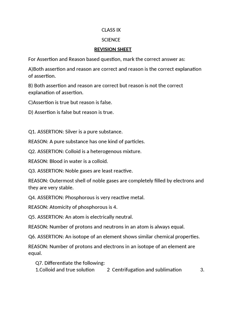 Class IX Science Revision Sheet | PDF | Atoms | Chemical Elements