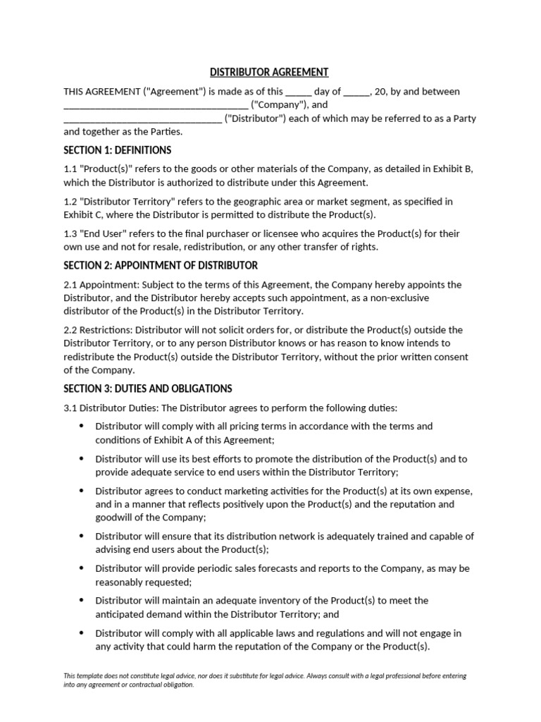 Distributor Agreement Template | PDF | Indemnity | Prices