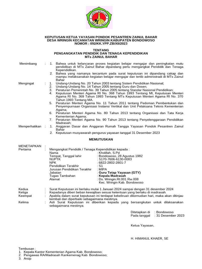 Contoh SK Pengangkatan Pendidik Dan Tenaga Kependidikan Revisi | PDF