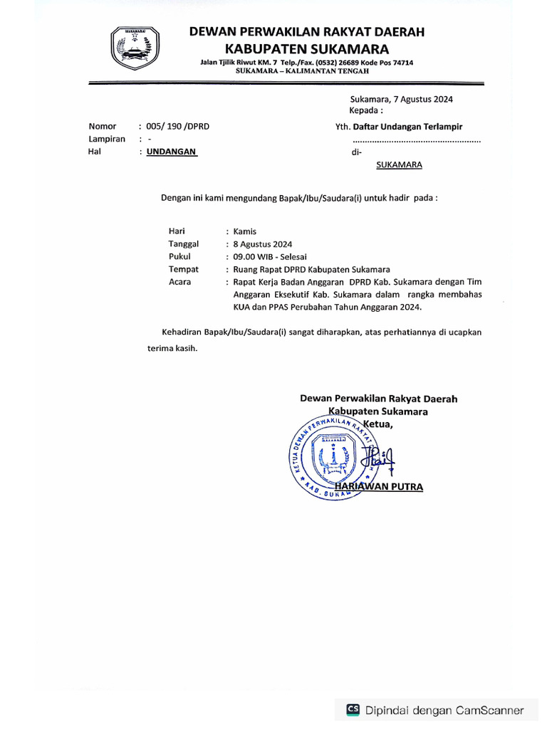 Undangan Raker Banggar Dan TAPD TTG KUA-PPAS P. 2024 | PDF