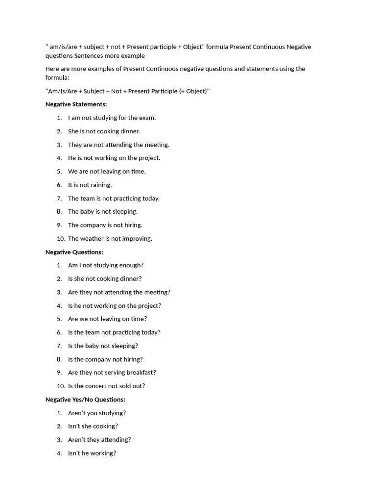 Present Continuous Negative Examples | PDF | Question | Grammar