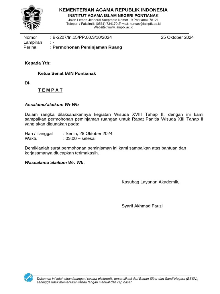 Permohonan Peminjaman Ruang Wisuda IAIN | PDF