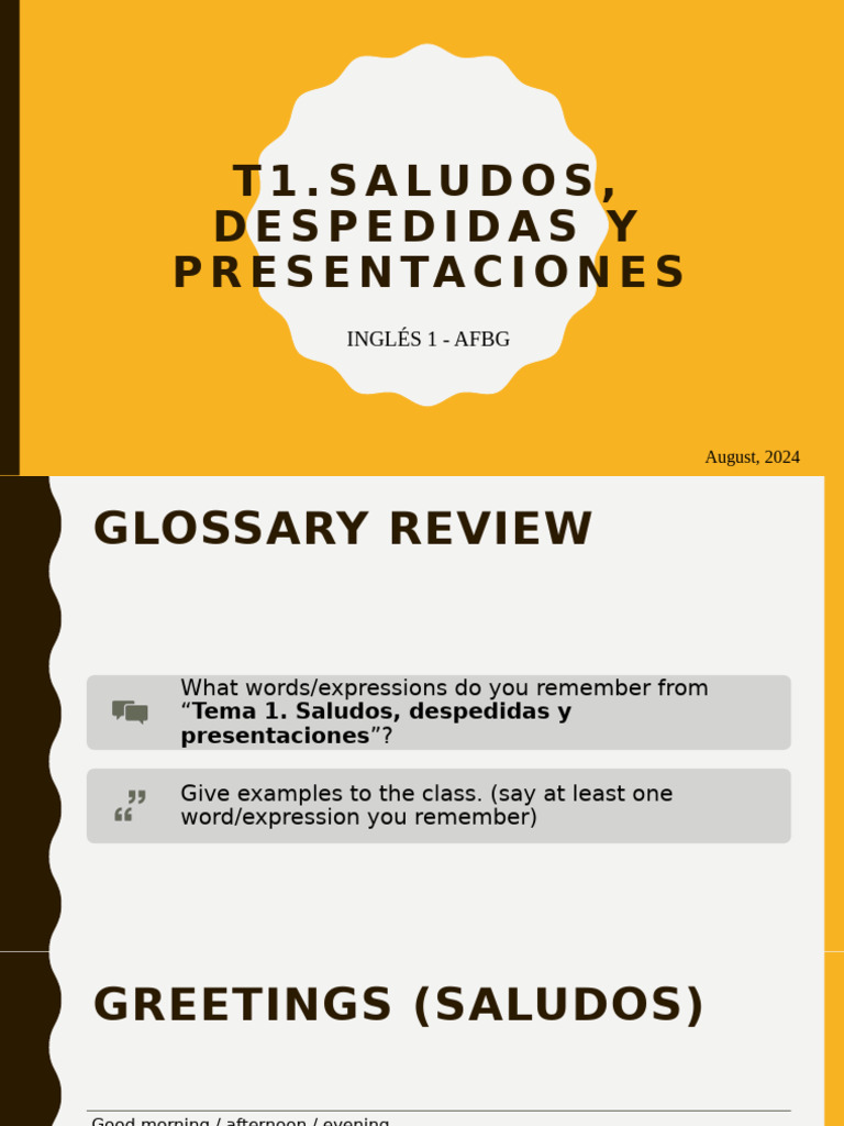 T1. Saludos, Despedidas y Presentaciones | PDF