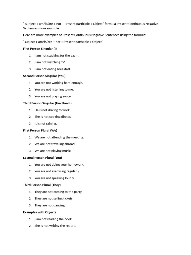 Present Continuous Negative Examples | PDF