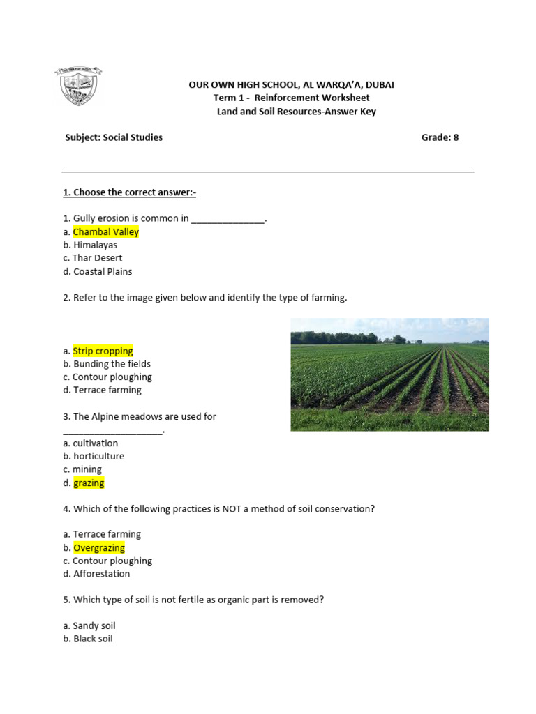 Term1 Revision Worksheet Answer Key - Land and Soil Resources | PDF ...