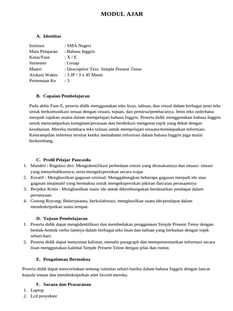 Modul Ajar Simple Present Tense Kelas 10 | PDF