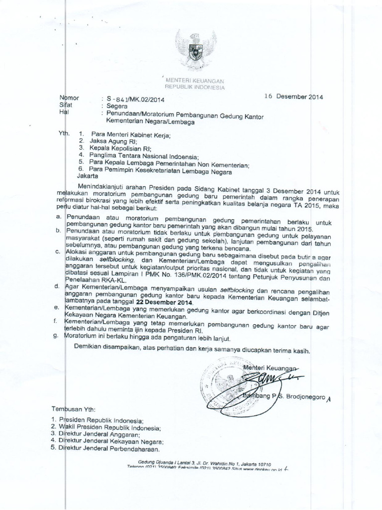Surat MK No S-841 - MK2 - 2014 Moratorium Gedung Kantor | PDF