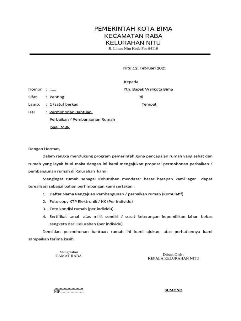 Proposal Permohonan Bantuan Rumah Format Bansos | PDF