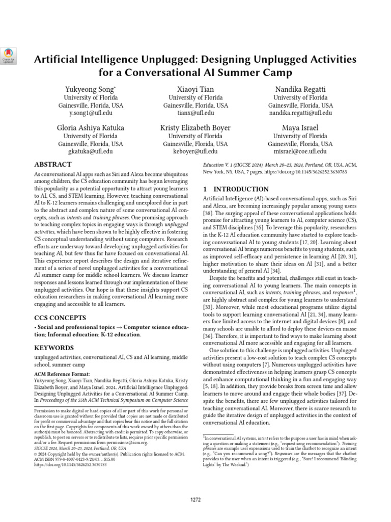 Artificial Intelligence Unplugged Designing Unplugged Activities for a Conversational AI Summer ...