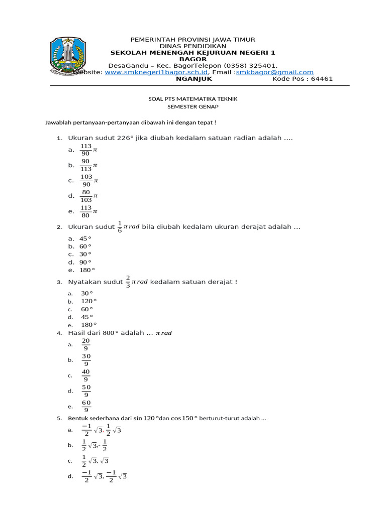 Soal Pts MTK Kelas X Teknik Genap 2024 | PDF