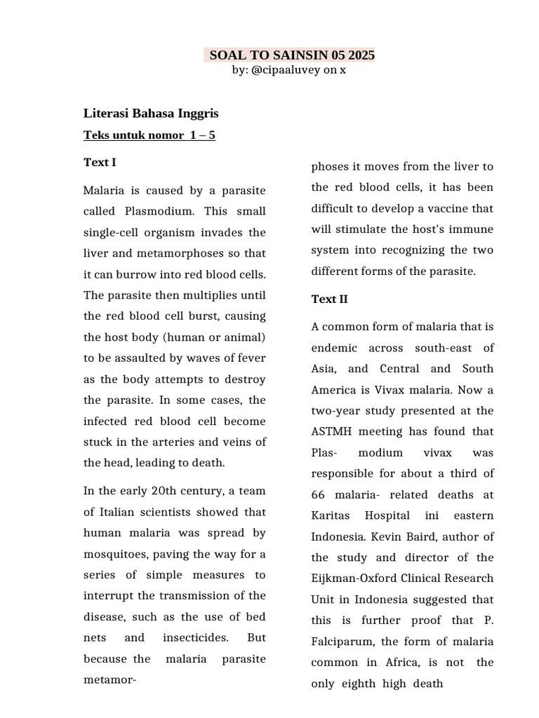 #Lbing Soal to Sainsin 05 2025 by Cipaaluvey on x | PDF | Malaria | Plasmodium Falciparum