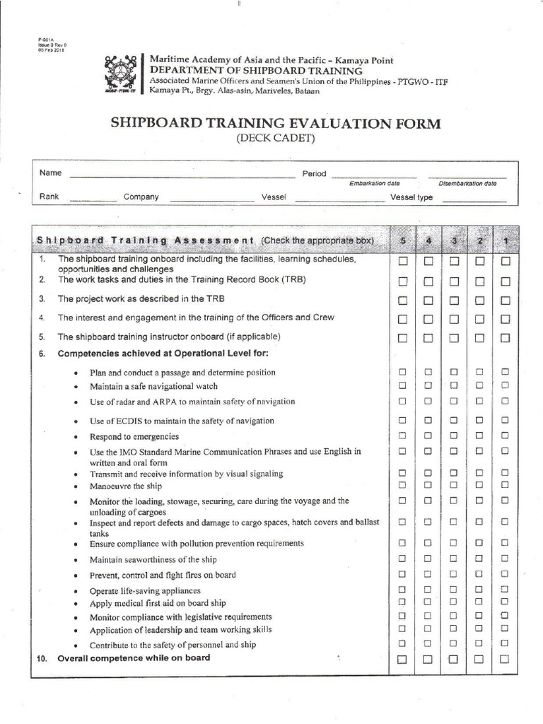 Shipboard Training Evaluation Form - DECK CADET | PDF