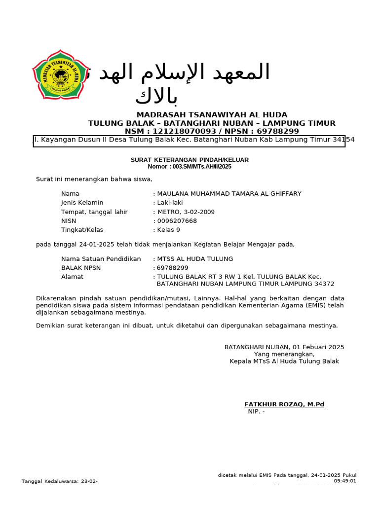 Mutasi keluar - Surat keterangan - MAULANA MUHAMMAD TAMARA AL GHIFFARY ...