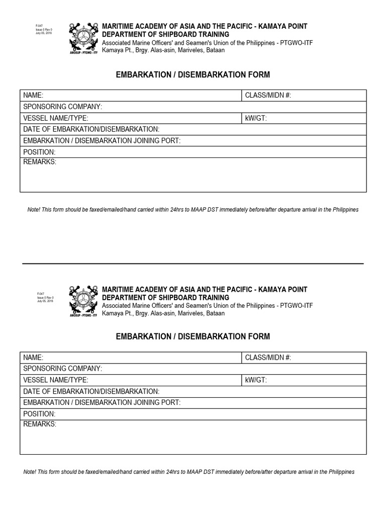 F-047 Embarkation Disembarkation Form | PDF
