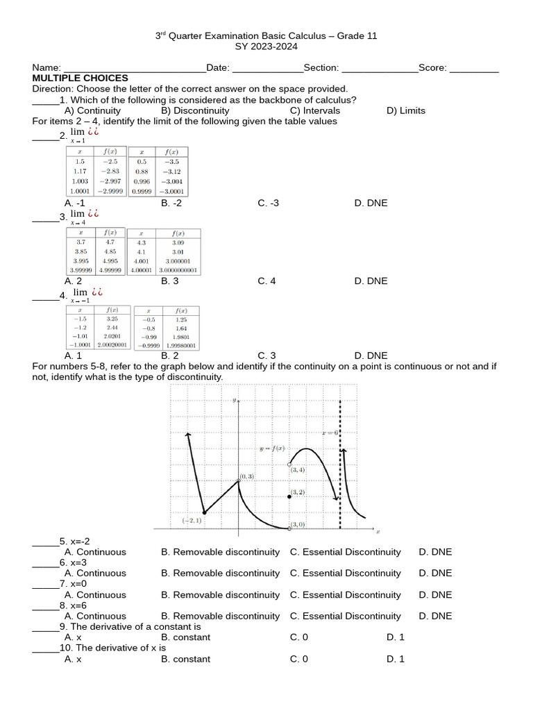 Basic Calculus Exam 3rd Quarter | PDF | Function (Mathematics ...