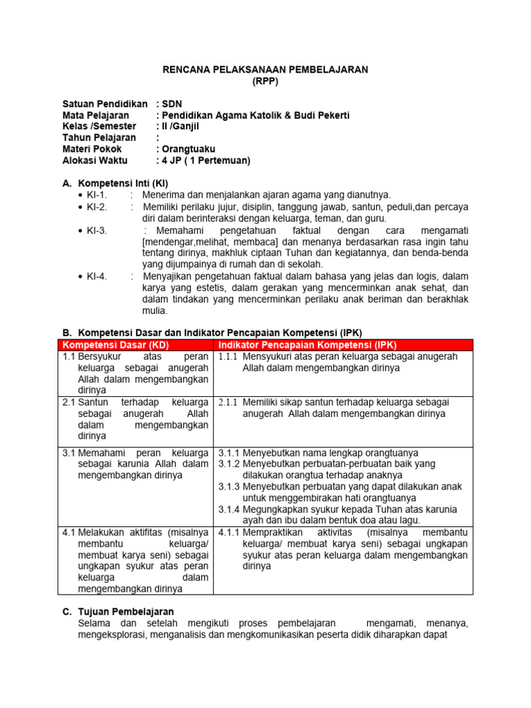 RPP Kelas 2 Semester 1 Orang Tuaku | PDF