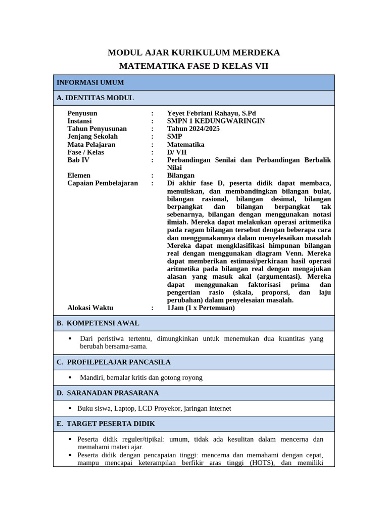 Modul Ajar Perbandingan Senilai Dan Berbalik Nilai | PDF