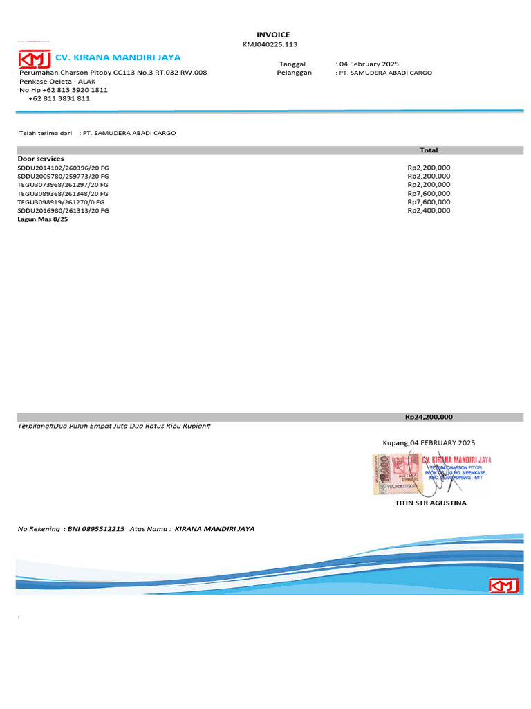 Invoice Pt. Samudera Abadi Cargo - Lagun Mas .25 | PDF