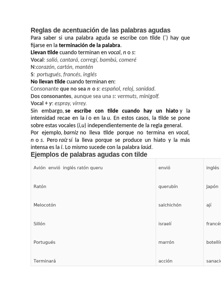 Reglas de acentuación de las palabras agudas | PDF