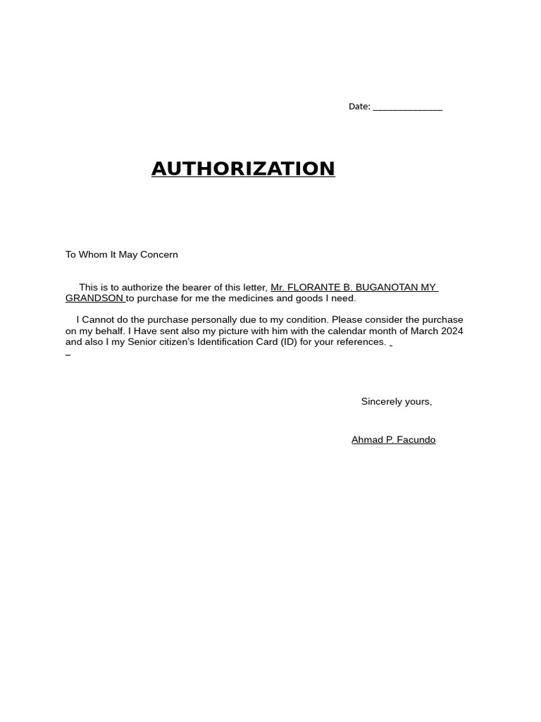 Authorization Letter For Senior | PDF