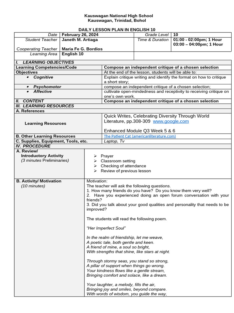 English 10 Lesson Plan: Critique Writing | PDF | Snow White | Critical ...