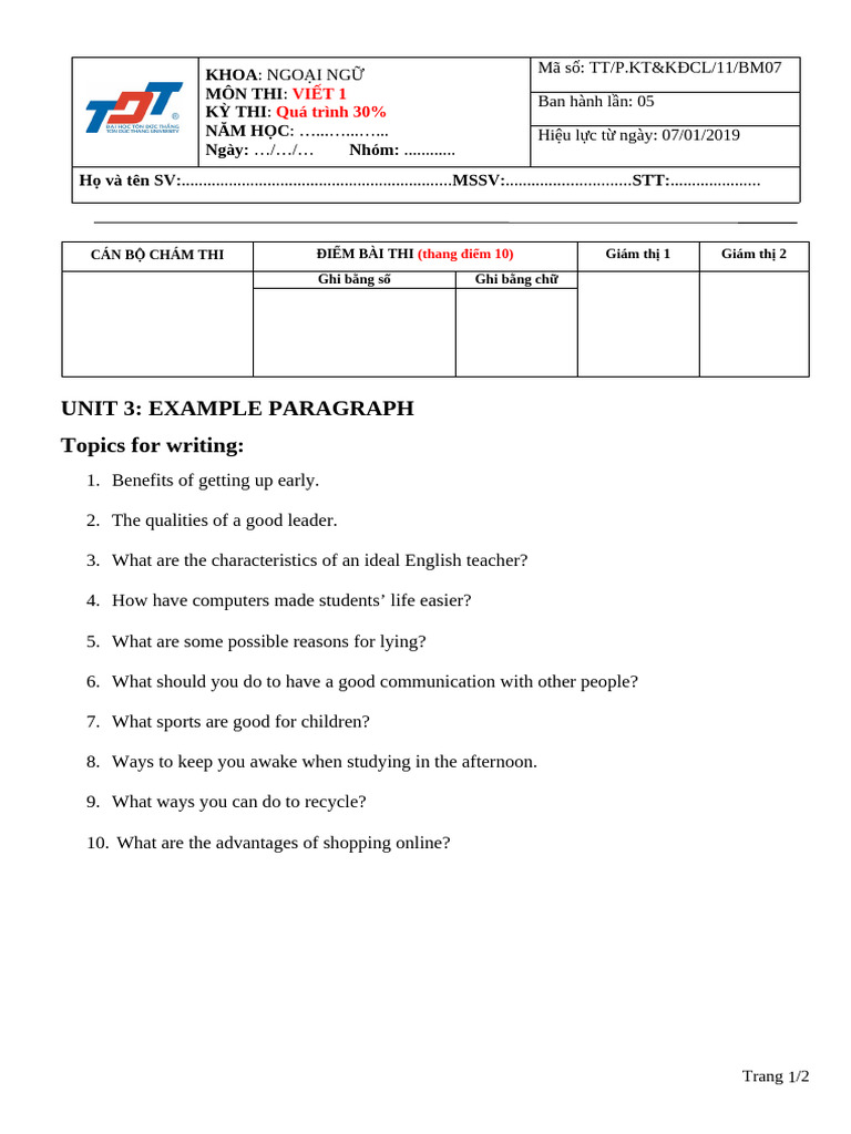 Viet 1 - Unit 3 - Topics For Writing | PDF