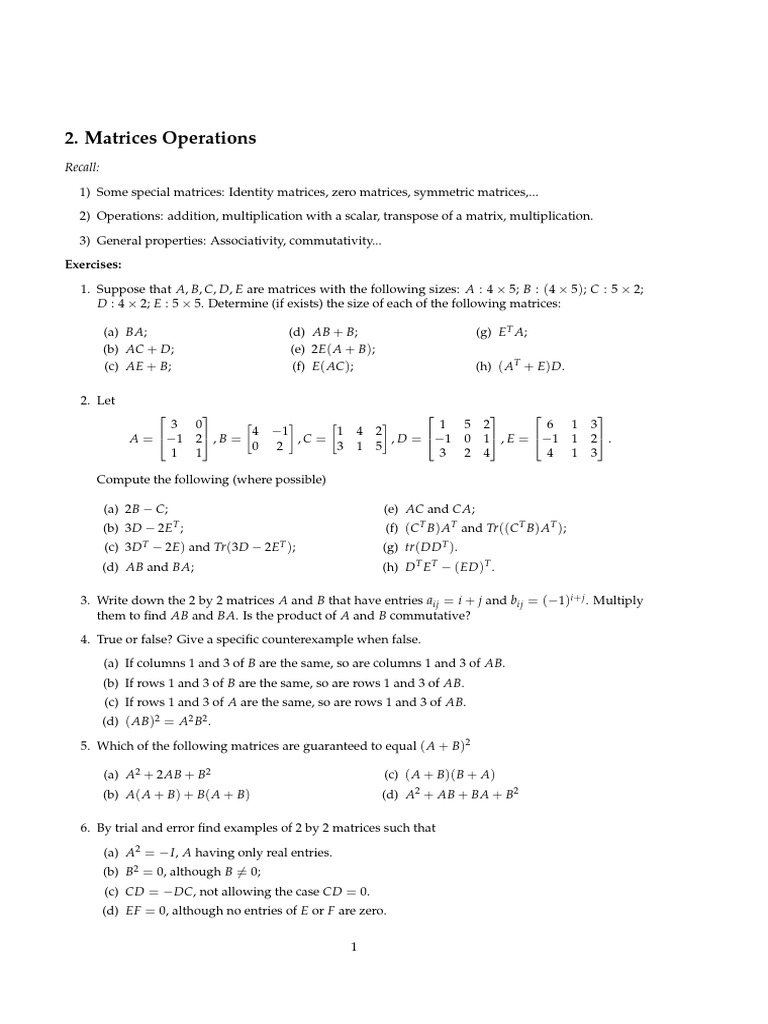 Exercises 2 Matrices Operations | PDF | Matrix (Mathematics) | Mathematics
