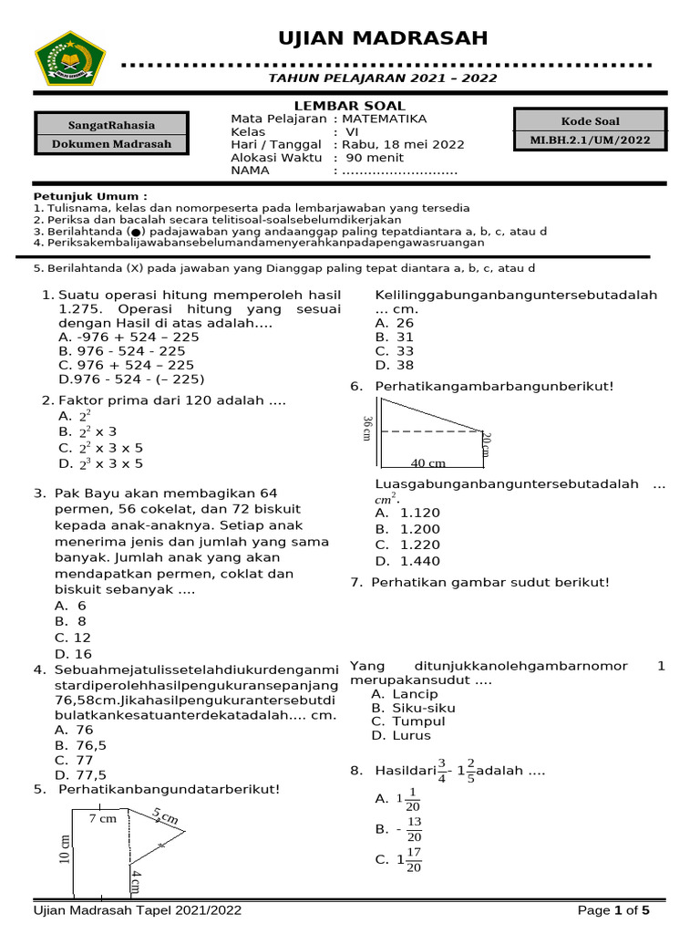 MASTER SOAL, Mapel Matematika MI | PDF