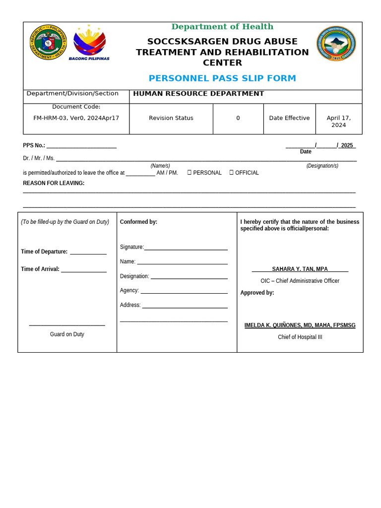 3 - Personnel Pass Slip Form | PDF | Health Care | Health Policy