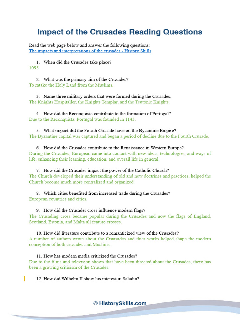 Impact of The Crusades Reading Questions | PDF
