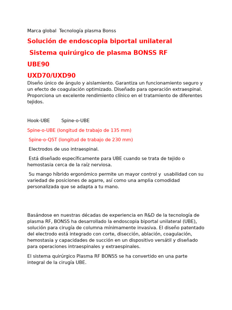 Sistema Quirúrgico Plasma RF BONSS UBE | PDF | Endoscopia | Hueso
