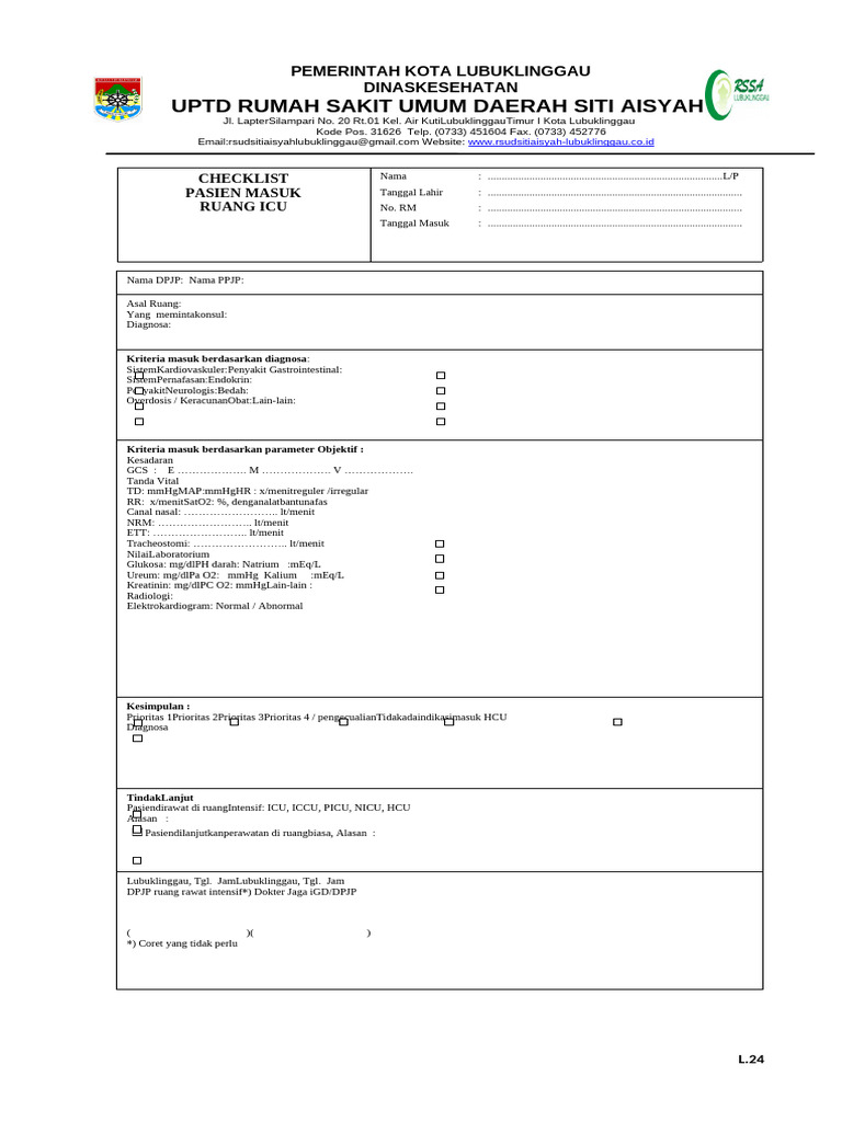 Form L.24 KRITERIA MASUK RUANG INTENSIF | PDF