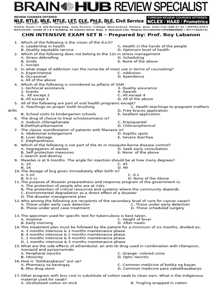 CHN Intensive Exam Set B Roy Labanon | PDF | Tuberculosis | Vaccines