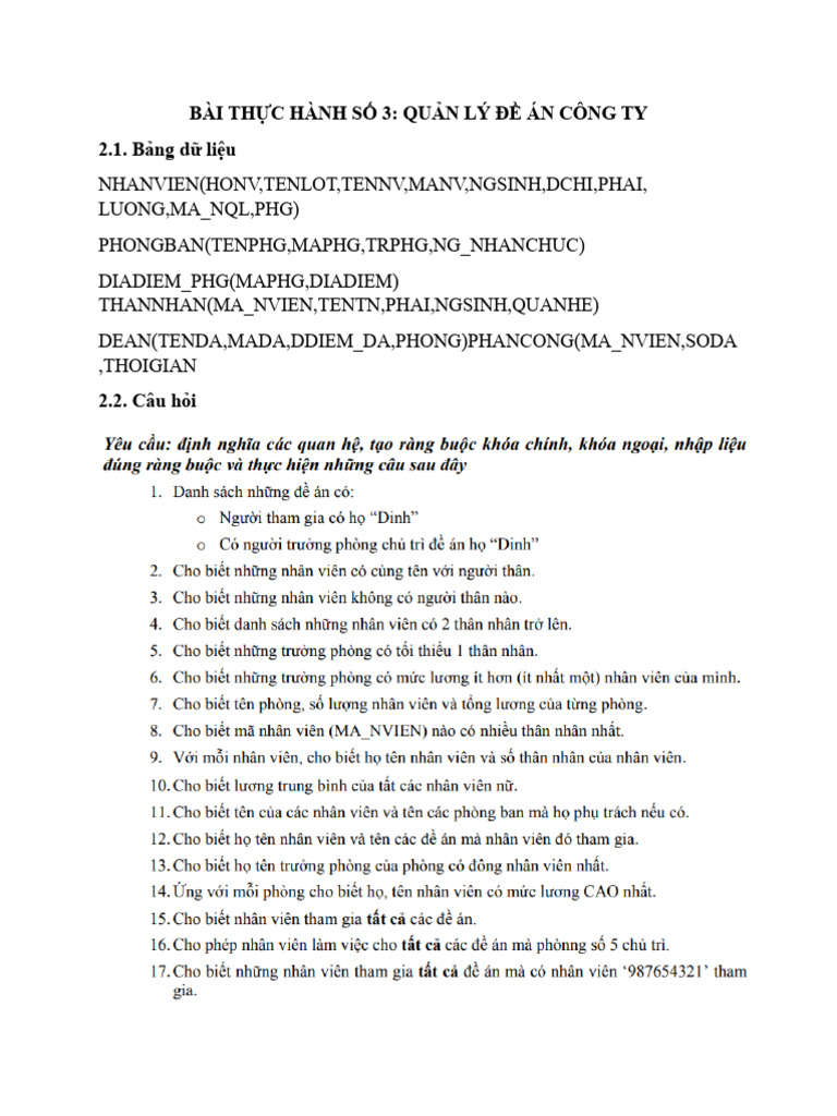 BÀI TẬP TH3 - QUẢN LÝ ĐỀ ÁN CÔNG TY | PDF