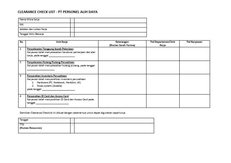 Clearance Check List - Persada | PDF