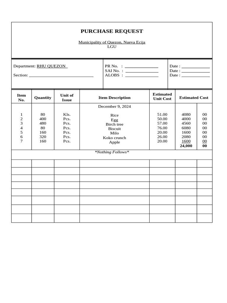 Quezon Municipality Purchase Request Form | PDF