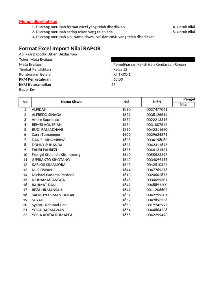 Format Nilai Rapor 20211 XII - TKRO - 1 Pemeliharaan Kelistrikan Kendaraan Ringan | PDF