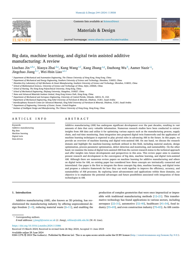 Big data, machine learning, and digital twin assisted additive manufacturing A review | PDF | 3 ...