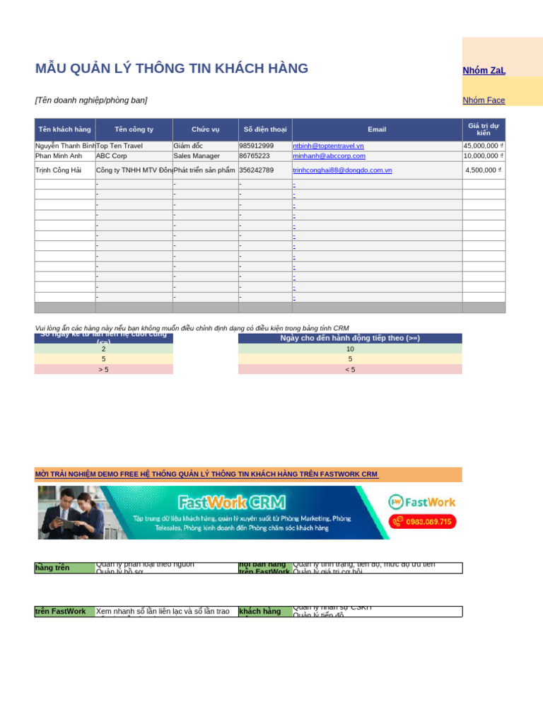 (FastWork.vn) Mẫu File Excel Quản Lý Thông Tin Khách Hàng | PDF