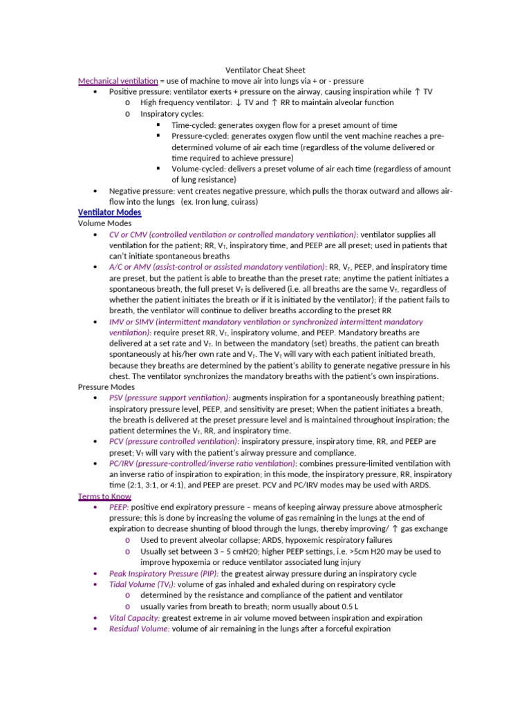1 - Mechanical Ventilator Cheat Sheet | PDF | Respiration | Medical Specialties