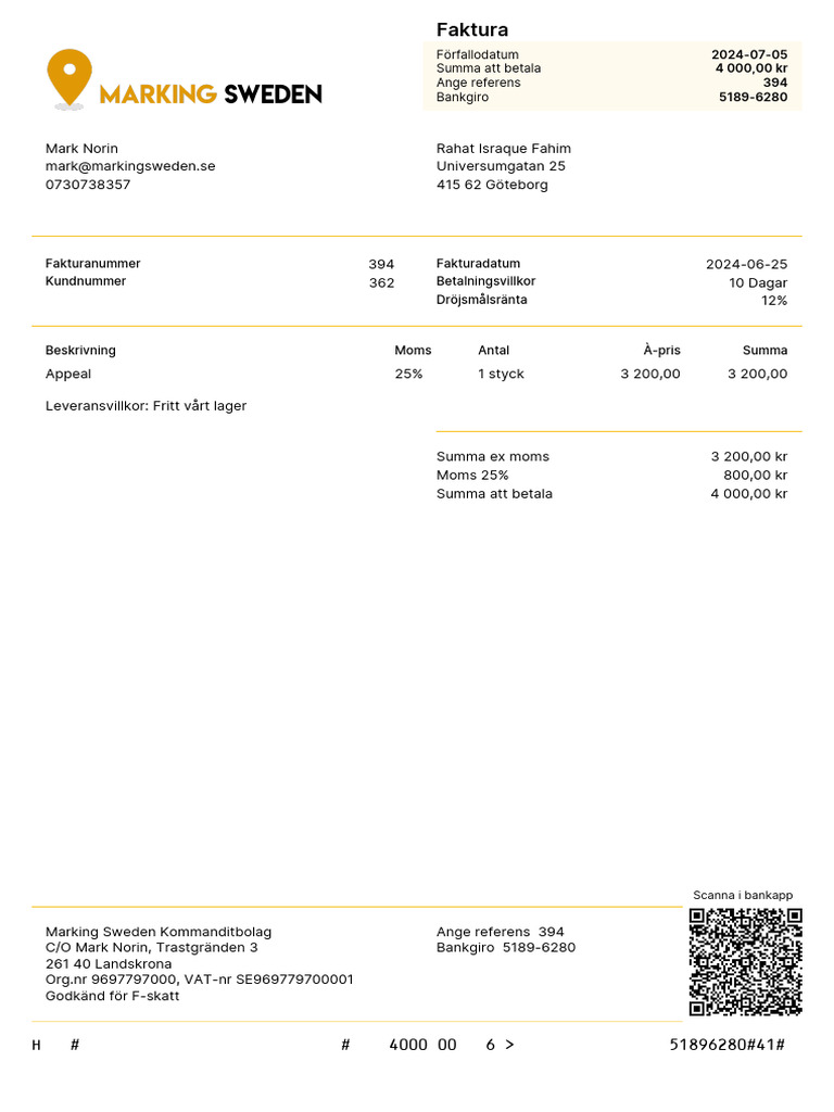 Faktura 394 Marking Sweden Kommanditbolag | PDF