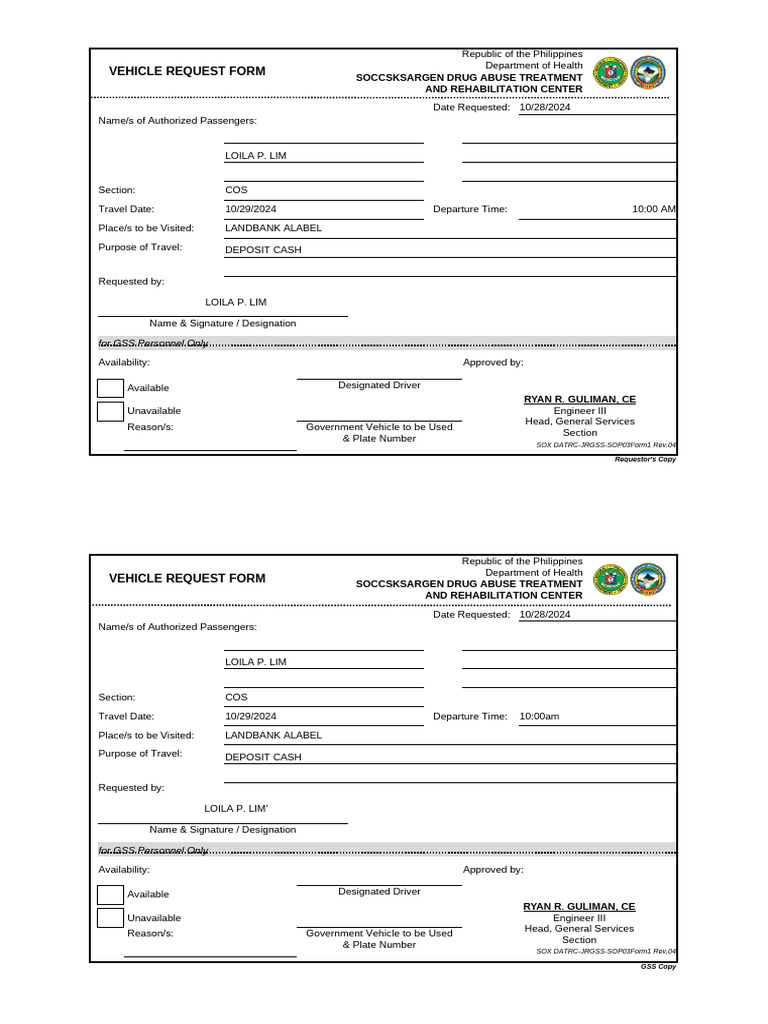 Vehicle Request Form (VRF) | PDF | Social Aspects Of Psychoactive Drugs ...