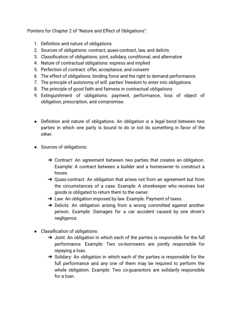 Pointers For Chapter 2 of Nature and Effect of Obligations | PDF | Law Of Obligations | Offer ...