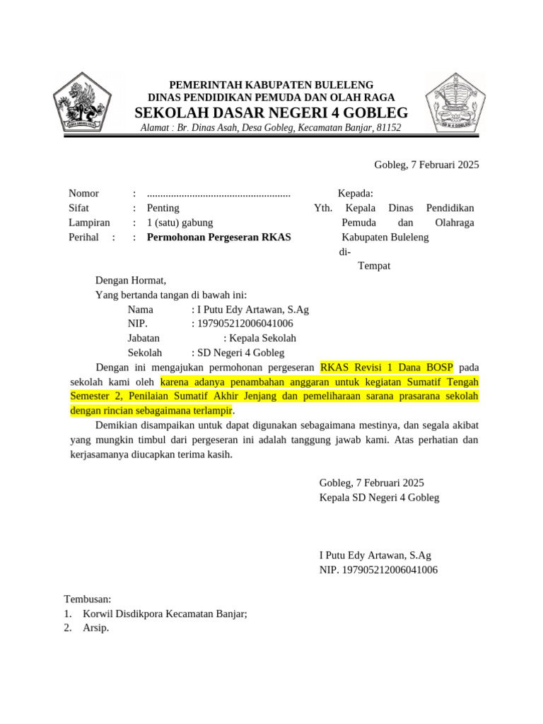 SURAT PERMOHONAN PERGESERAN 1 RKAS SD NEGERI 4 GOBLEG | PDF