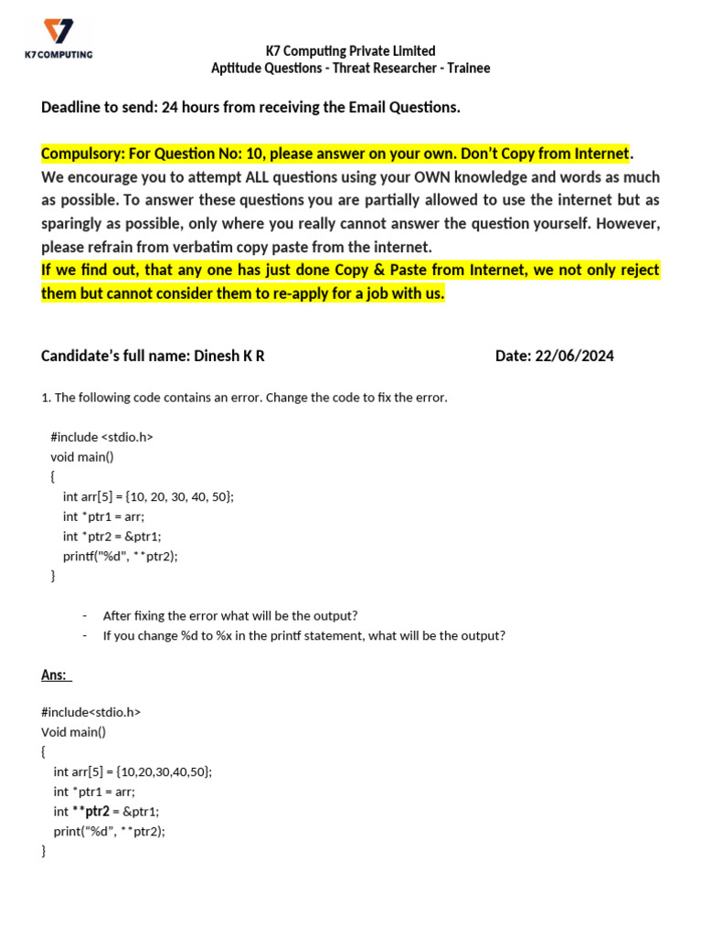 Aptitude Questions - Threat Researcher - Trainee | PDF | Computer ...