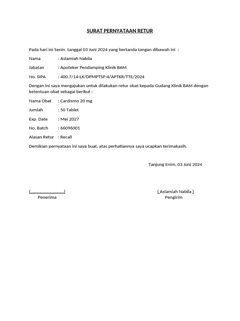 Retur Obat Cardismo 20mg Klinik BAM | PDF